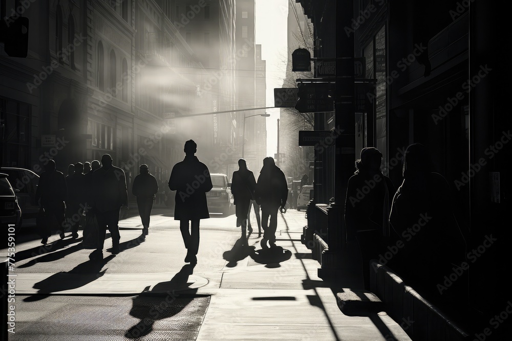 Black and white photograph of a bustling street scene, capturing the ...