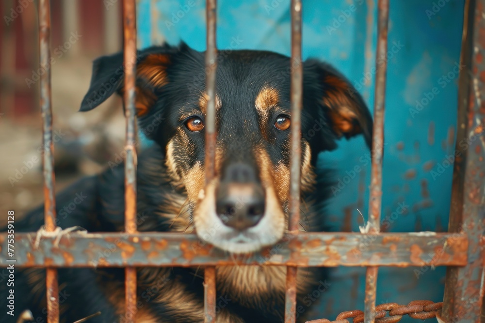 Sad dog in the bars of the cage. Dog shelter, homeless animals, charity ...