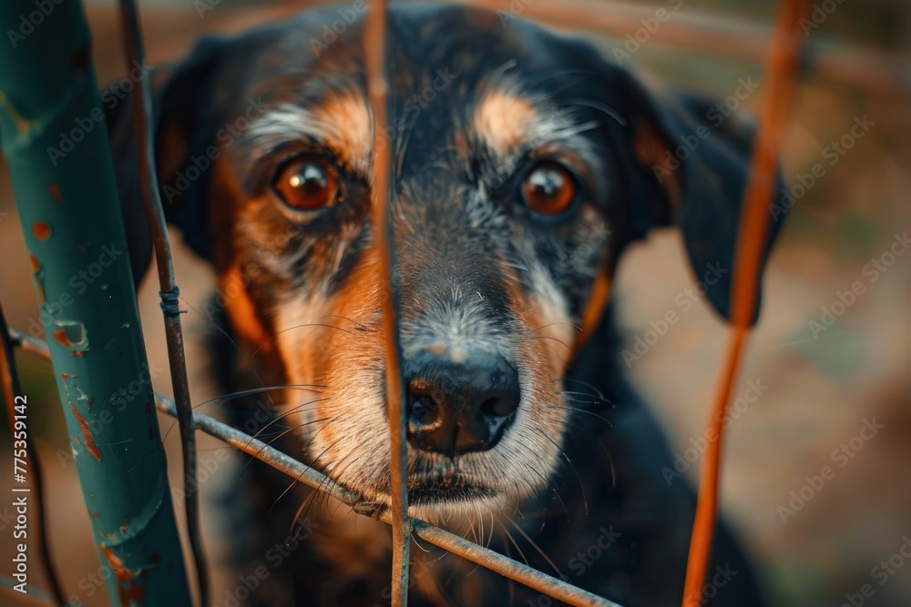 Sad dog in the bars of the cage. Dog shelter, homeless animals, charity ...