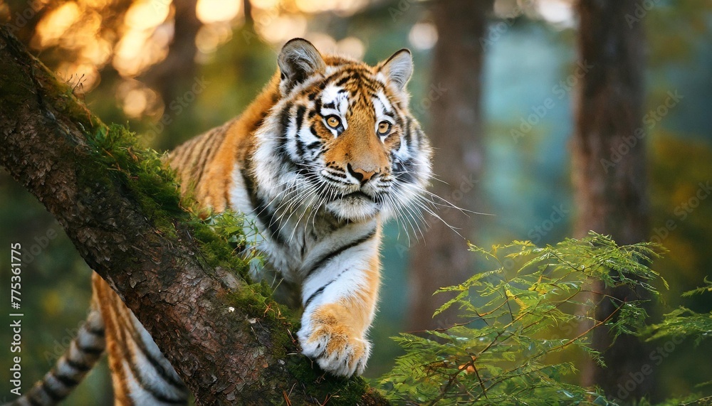 young amur tiger panthera tigris playing in the forest a large feline ...