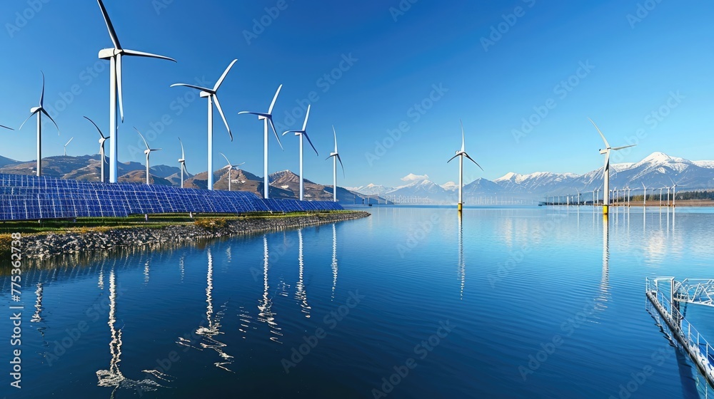 Renewable energy collage with wind, solar, and hydro against a blue sky ...