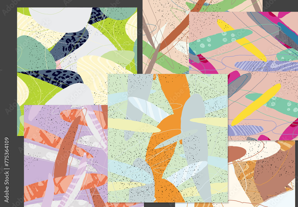 Seamless Pattern Set with Organic Grunge Textured Overlapping Oval Wavy ...