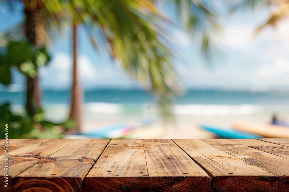 Wooden table top on blurred beach background with surfboards Stock ...