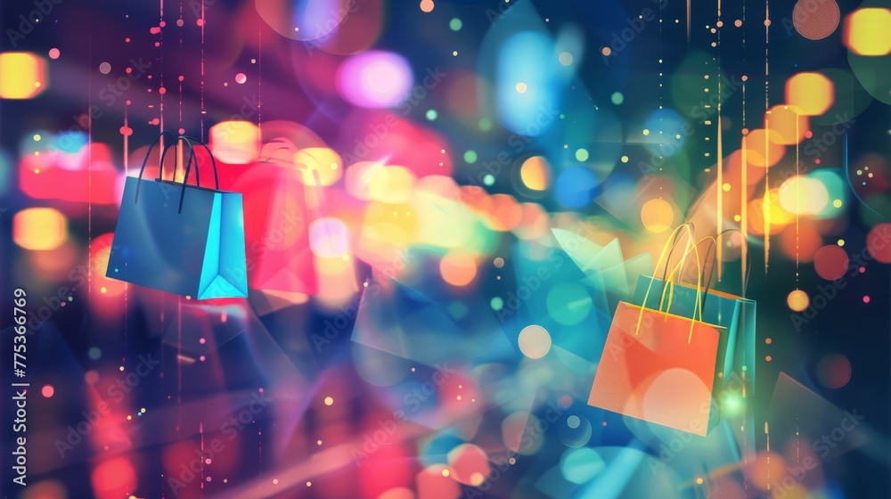 Dynamic retail background: vibrant bokeh effect with shopping bags and ...
