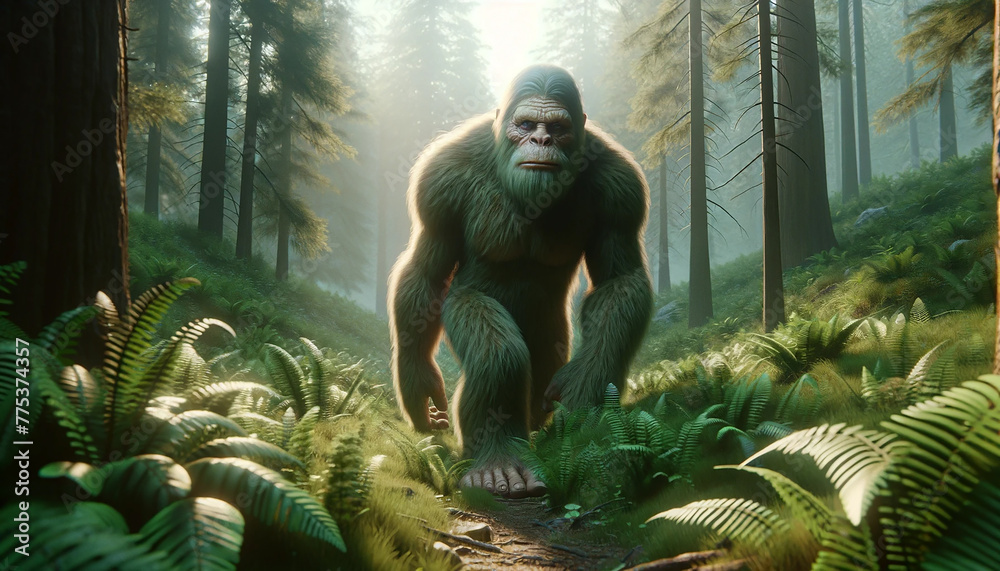 An image of Bigfoot walking quietly through a dense green forest. The ...