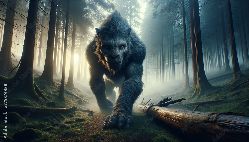 Bigfoot moving through a foggy forest at dawn. Fog shrouds the trees ...