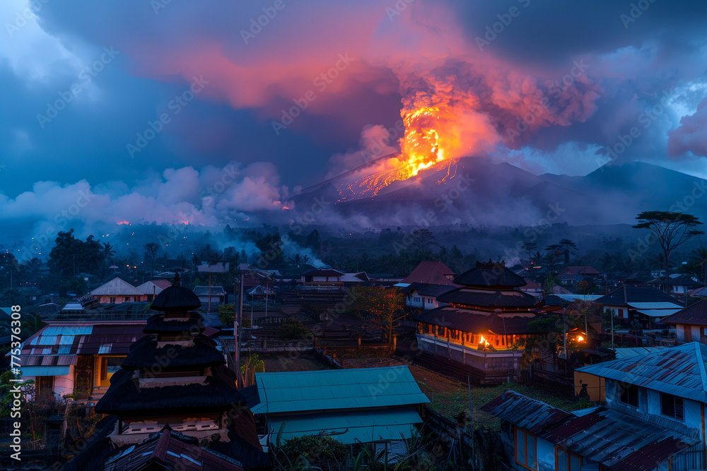 Volcanic Eruption at Twilight Over a Quiet Village Stock Photo | Adobe ...