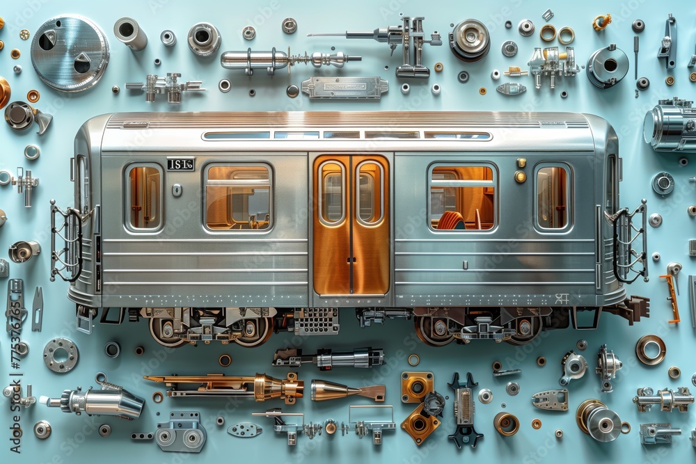 One train waggon surrounded by disassembled train waggon parts and ...