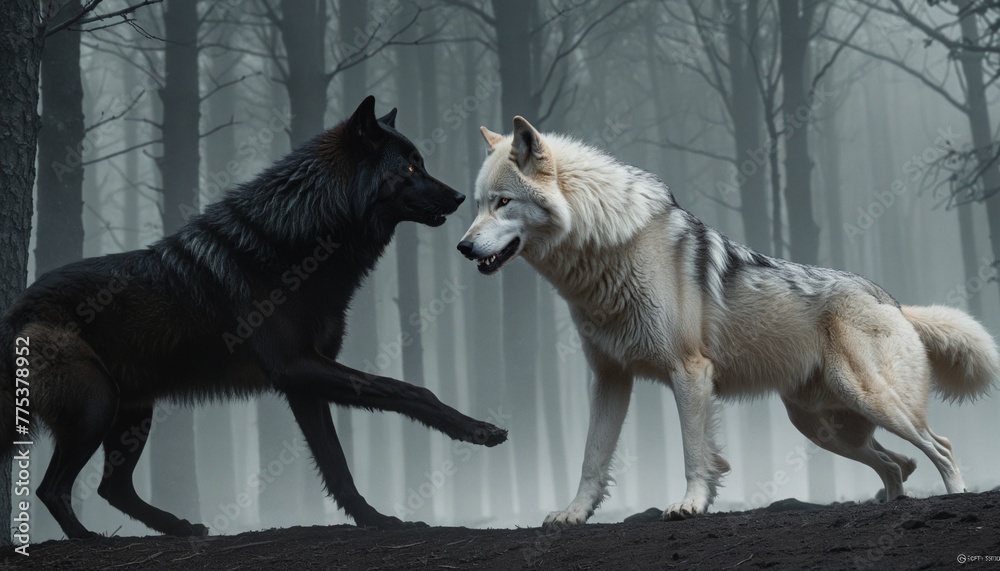 Epic Battle of Wolves - Fantasy Art of White and Black Wolf in a Face ...