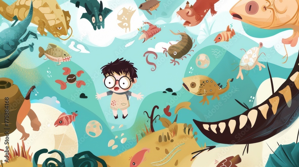 a cartoon illustration of a child wearing glasses who goes on a journey ...