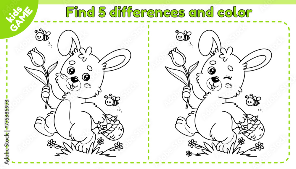 Kids game Find 5 differences. Rabbit brings basket with Easter eggs ...