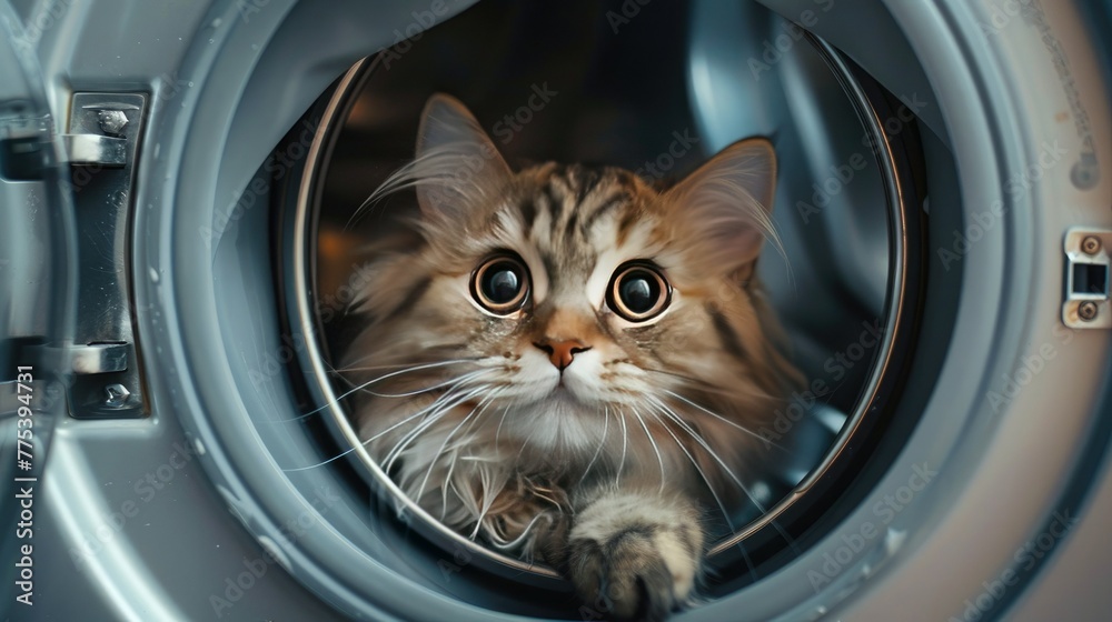 A cute cat sits in the washing machine and looks with big eyes. The ...