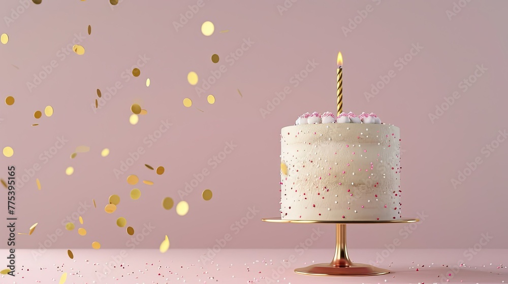 Single birthday cake with one candle on a gold stand, on a pastel pink ...