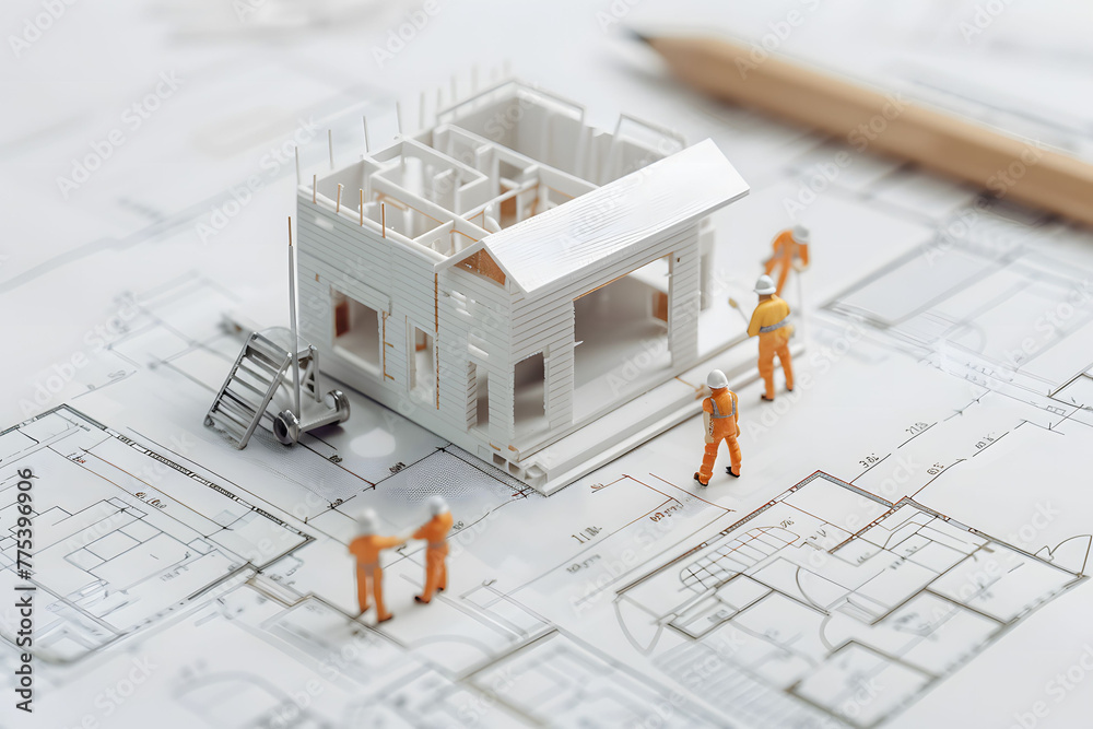 Tilt shift photo of miniature construction workers building a house ...