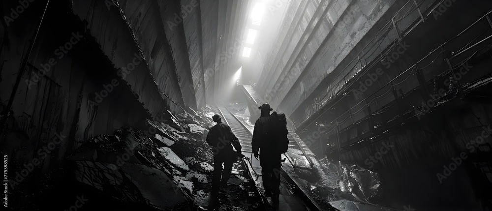 Miners utilizing slides in Salzwelten for efficient transport. Concept ...