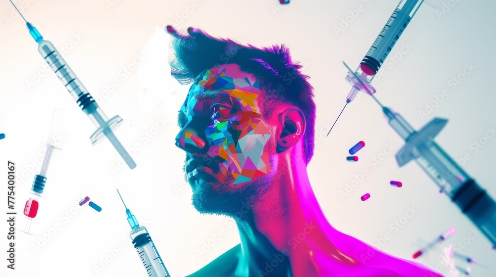 An image of a man immersed in the world of drugs, with bright and ...