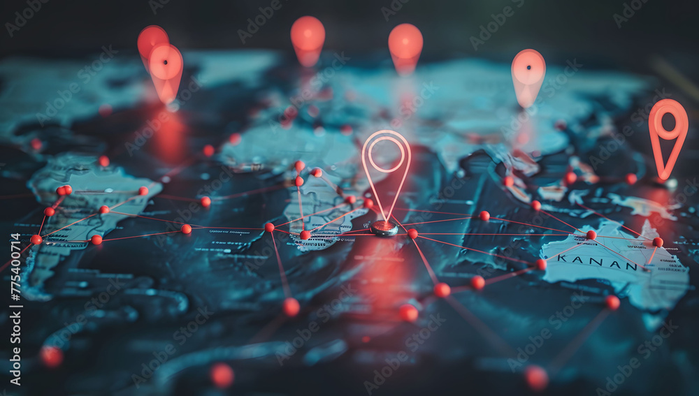 A Digital Map Featuring Interconnected Location Pins Symbolizing Global Network Connectivity
