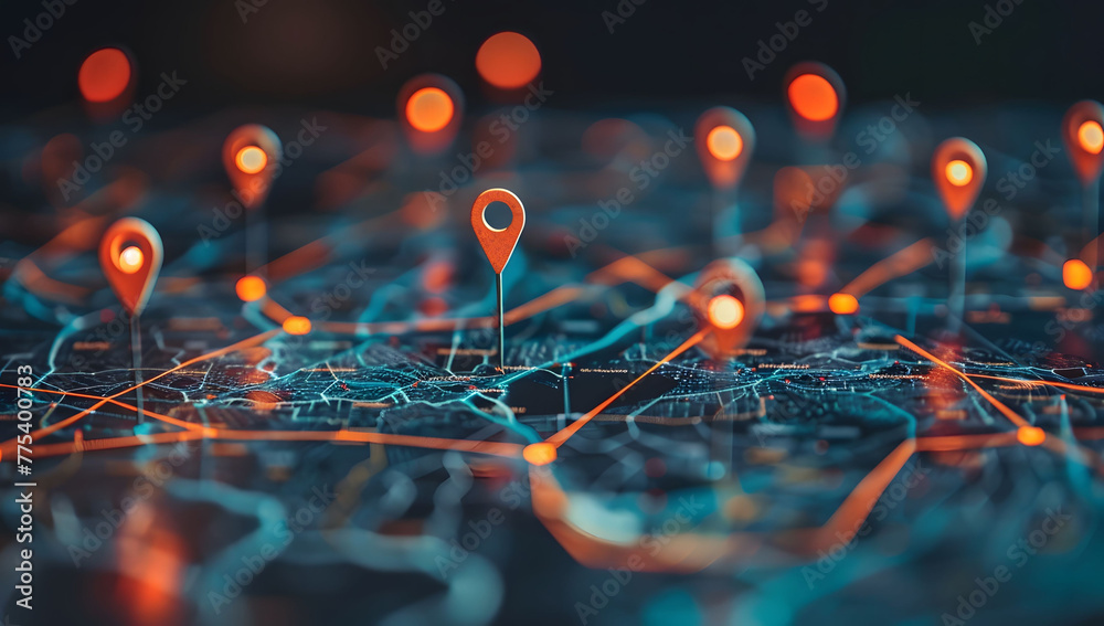 A digital map featuring interconnected location pins, symbolizing ... A digital map featuring interconnected location pins, symbolizing ...