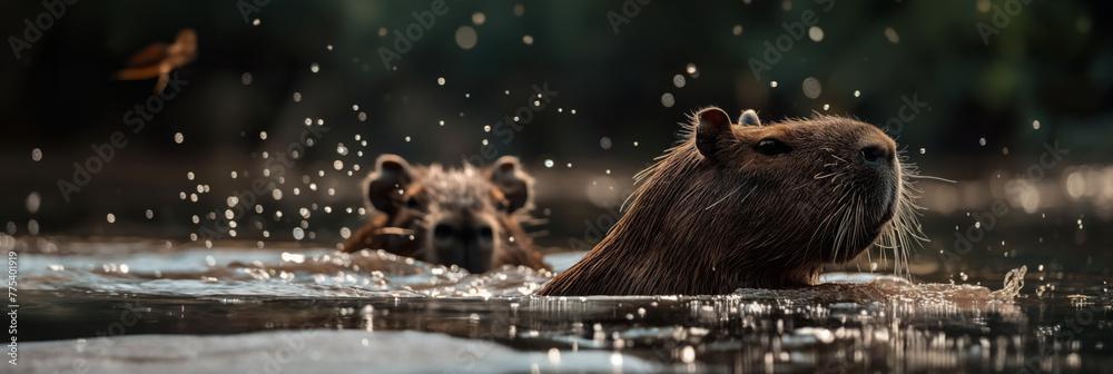 Dynamic image of capybaras swimming, water droplets frozen mid-air ...