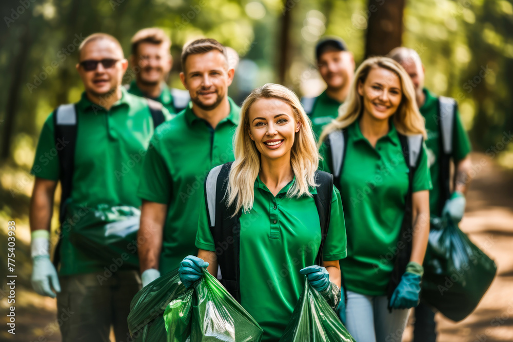 Corporate team volunteers for a park forest cleanup, remove trash ...
