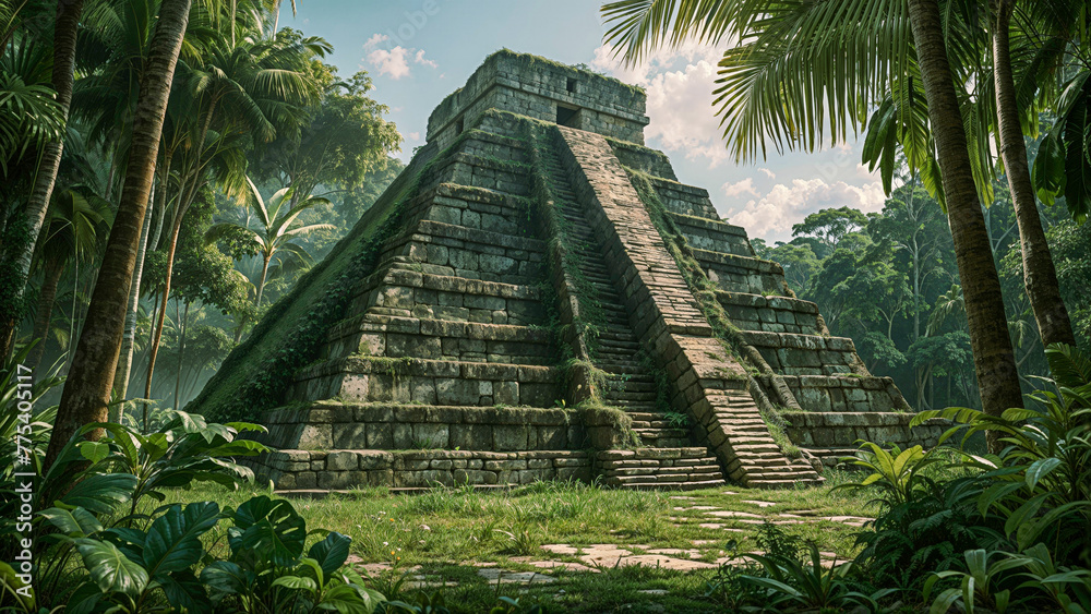 An ancient Mayan pyramid is located amid a dense jungle, completely ...