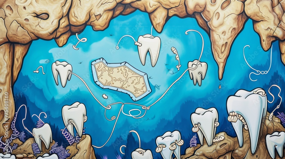 Comic treasure hunt in the cave of teeth with map made of dental floss ...