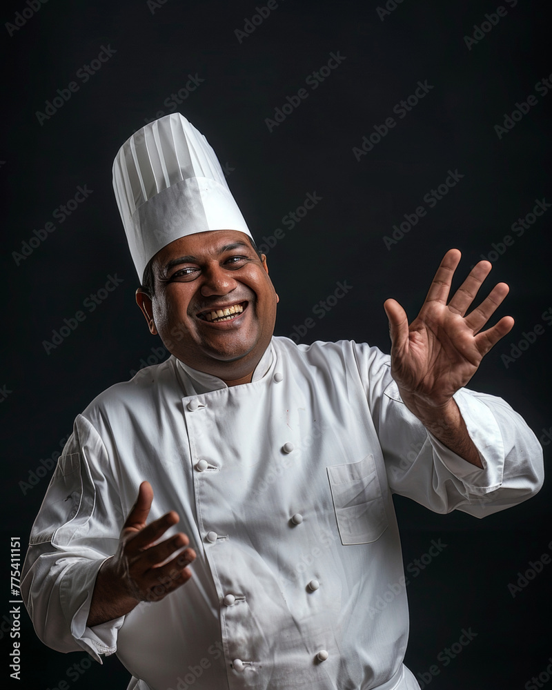 Exuberant indian chef sharing his passion for cooking, isolated in ...