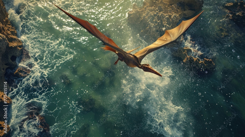 Flying dinosaur, Pterodactyl, flying high in sky over sea coast ...