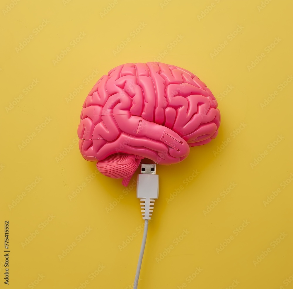 A pink brain connected to a USB cable in a yellow background new skills ...