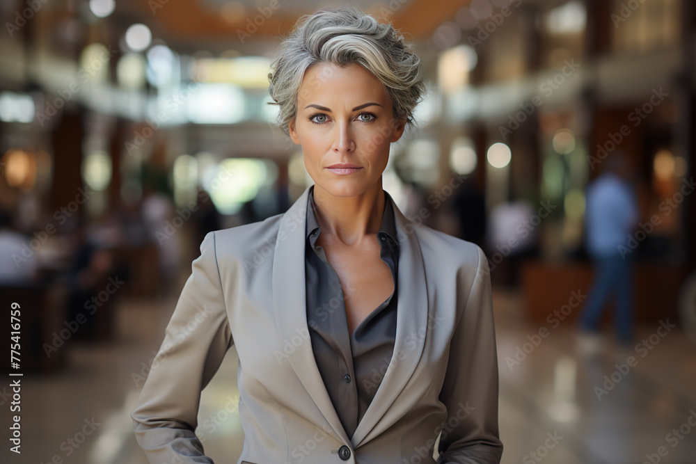 An assertive mature businesswoman in her 50s with silver hair stands in ...