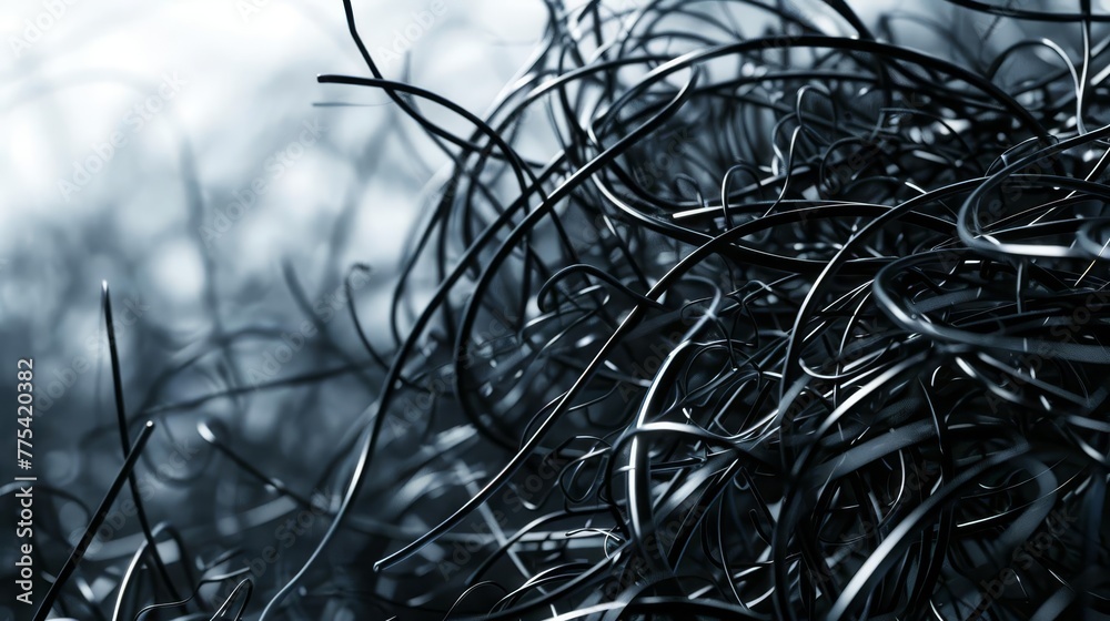 Chaotic tangle of black wires forming abstract swarm, tech gone haywire ...