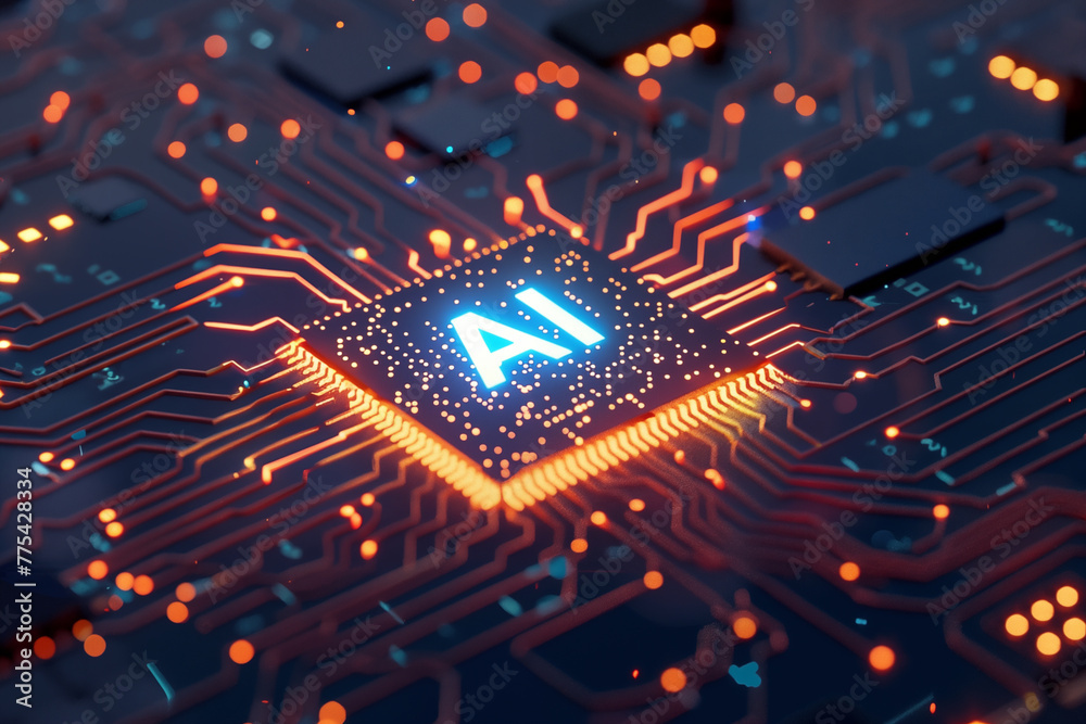 AI chip on a circuit board with illuminated electronic pathways Stock ...