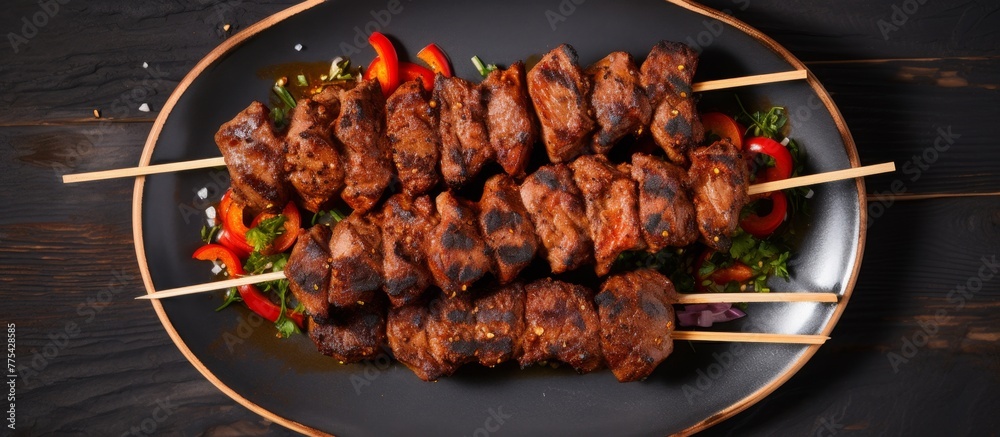 Plate filled with assorted meat skewers featuring beef, chicken, and ...