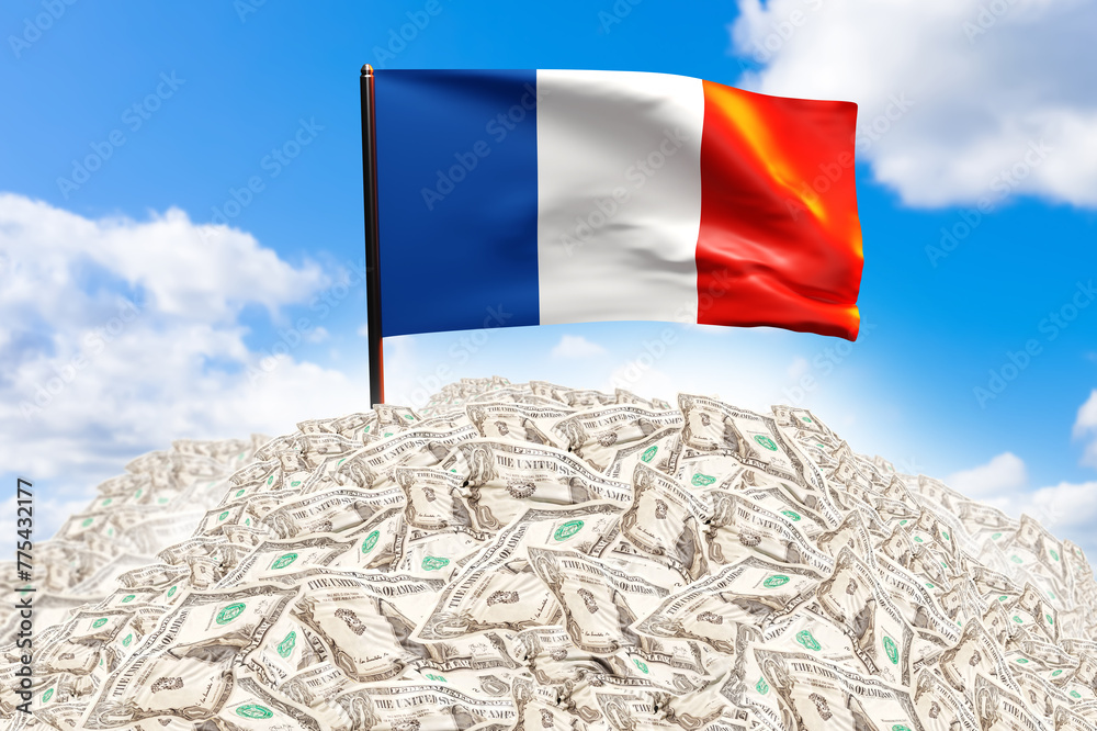 French flag in pill of money. Crumpled mountain of dollars. French ...