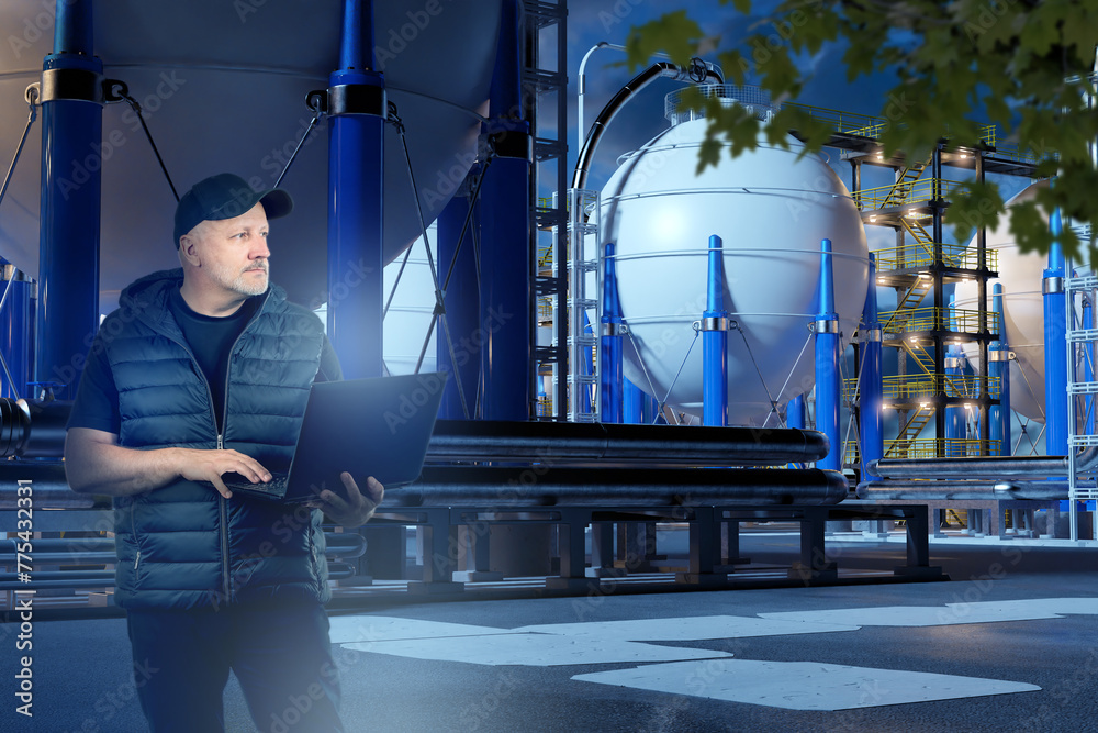 Man factory employee. Guy with laptop near manufactory. Spherical high ...