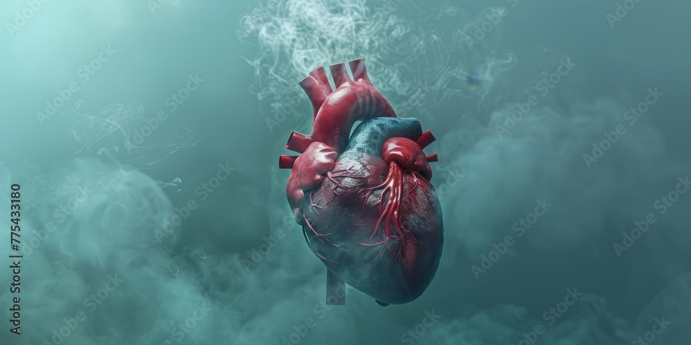 A heart is shown in a watery environment with smoke surrounding it. The ...