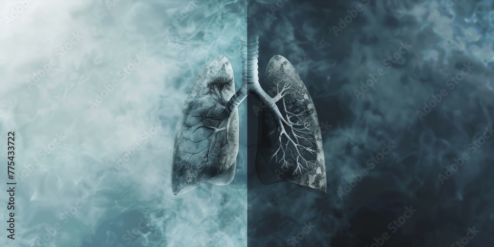 Two lungs, one of which is frozen and the other is not. The frozen lung ...