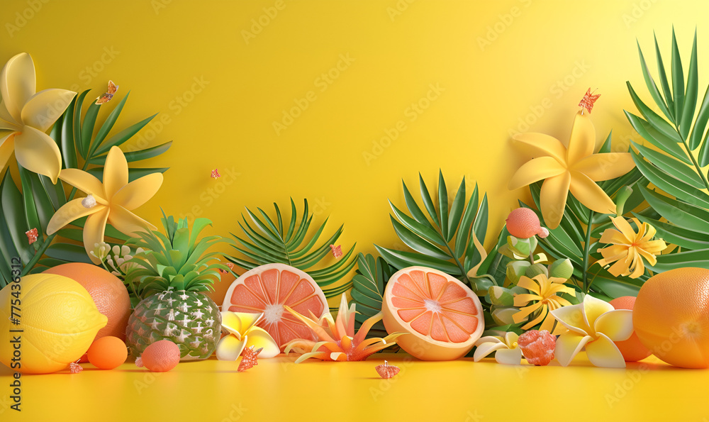 Tropical fruits background with card template and palm tree leaf a ...
