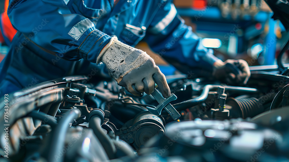 A mechanic diligently working on a car in a bustling auto repair shop ...