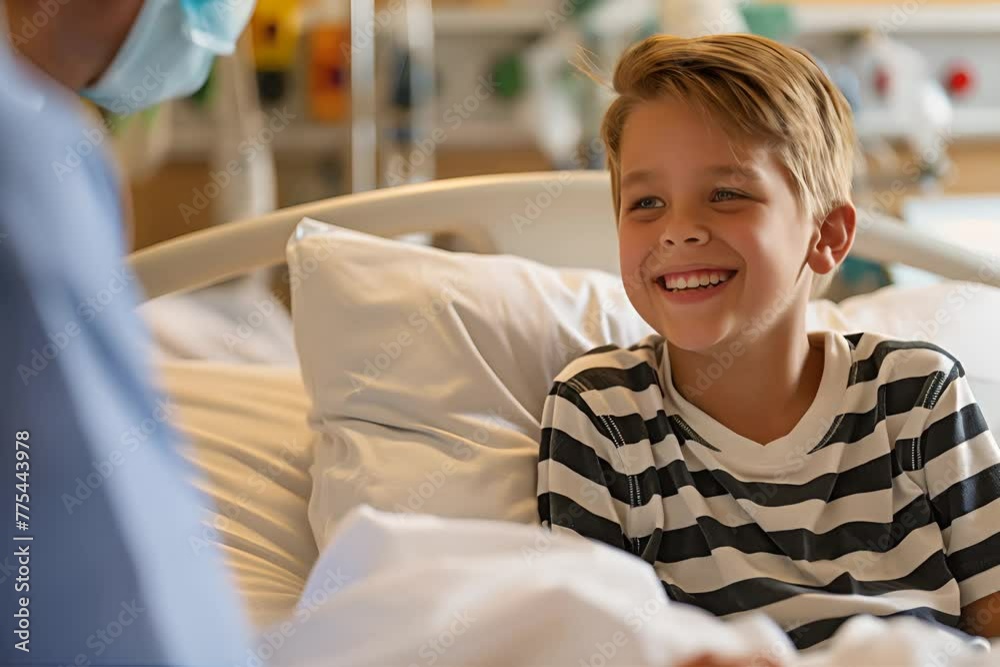 A young boy in a hospital bed laughing with someone out of frame ...