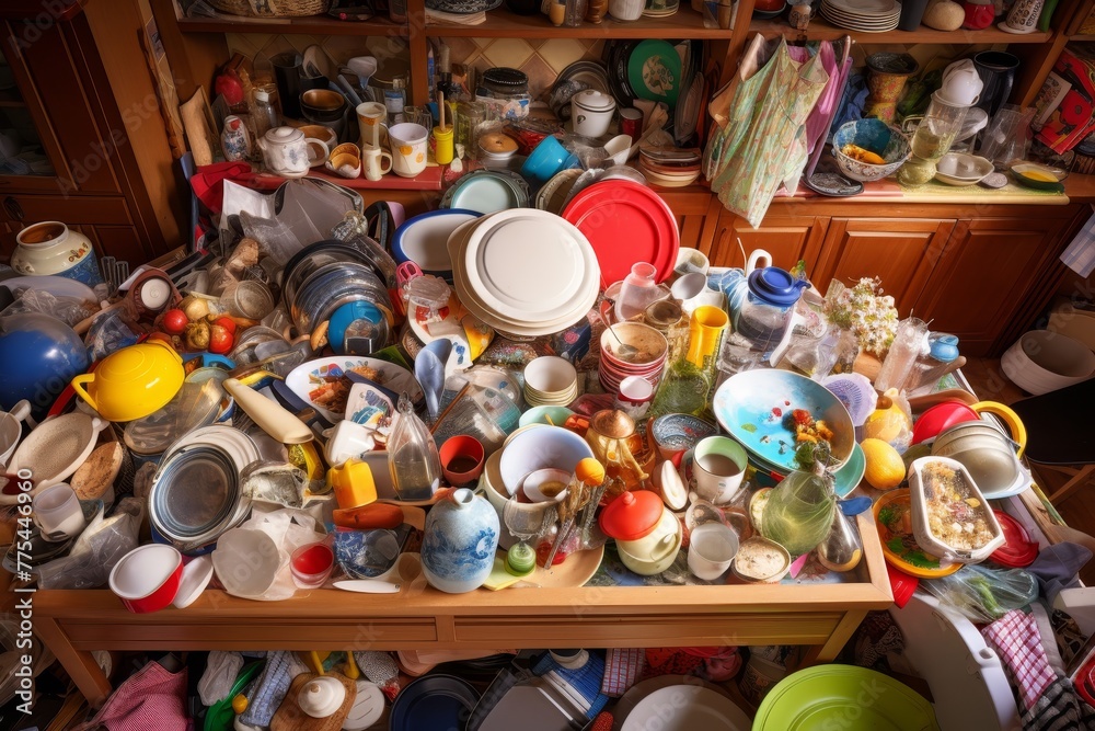 Pile of dirty dishes, house mess, kitchen clutter, unwashed plates ...