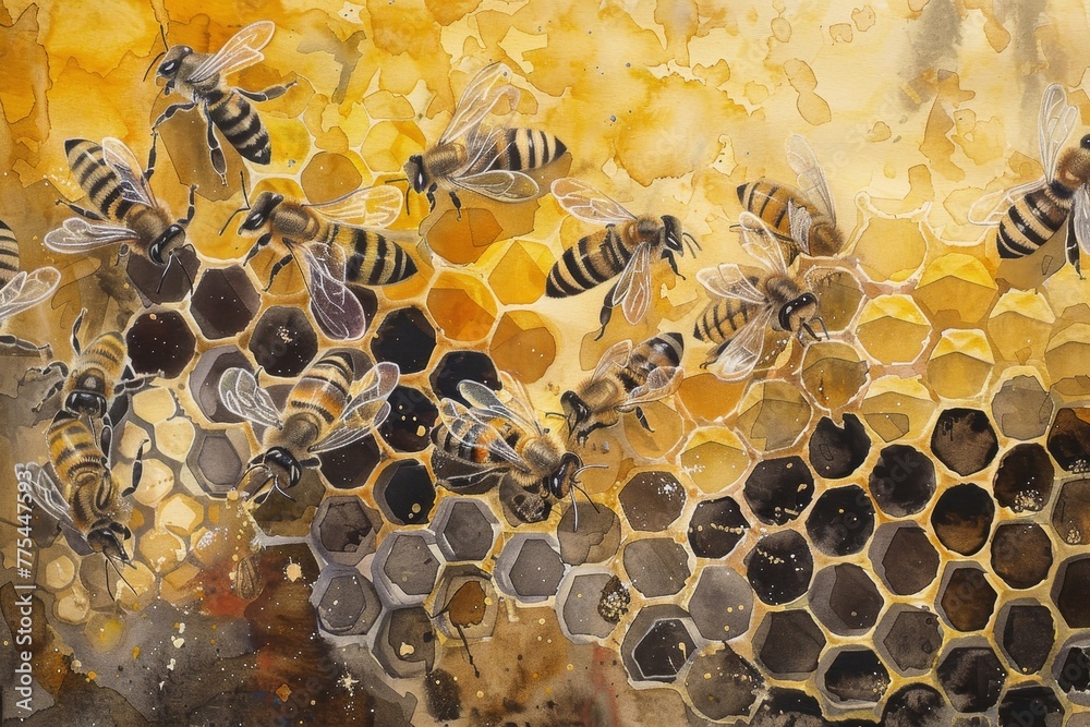 Watercolor of a bustling beehive buzzing with activity with bees flying ...