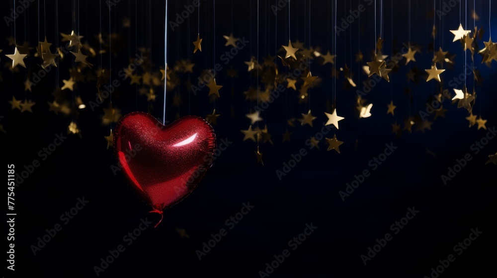 Red heart shaped balloon hanging from the ceiling on a black background ...