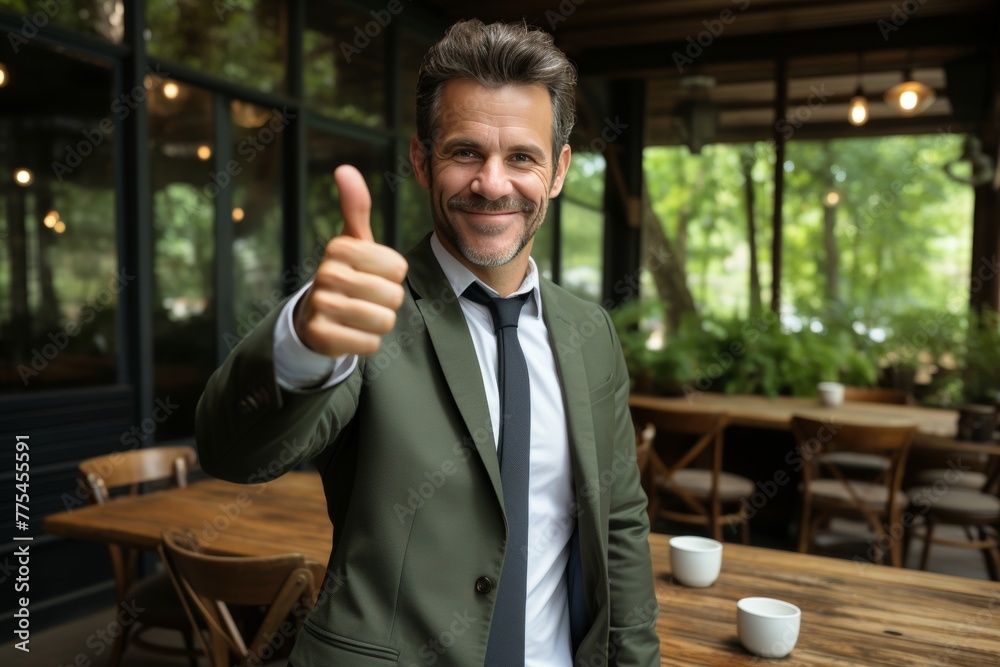 A positive male customer support agent smiling and giving a thumbs up ...