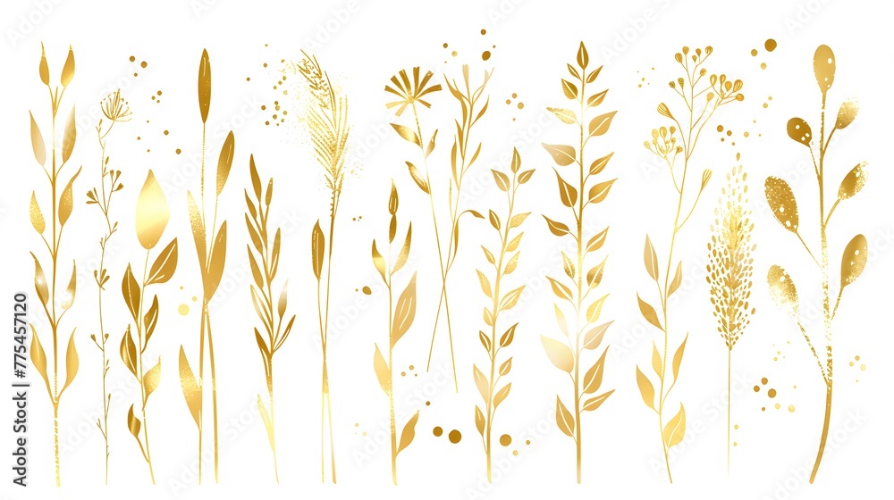 Vector plants and grasses in gold style with gloss effects and and gold ...