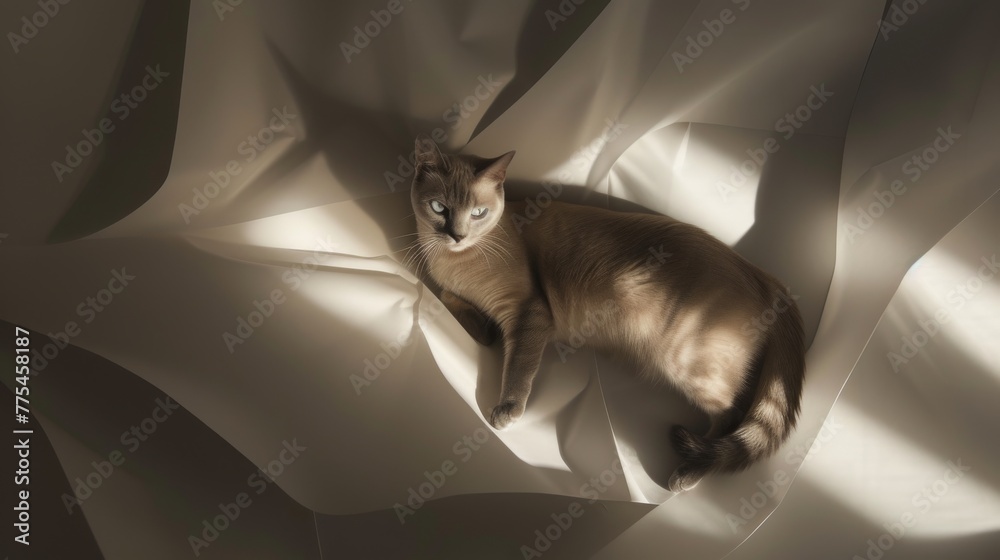 A sleek cat captured in a relaxed pose, looking curiously at the viewer ...