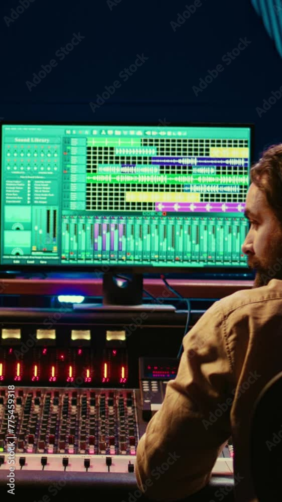 Vertical Video Team of artist and technician editing audio after ...
