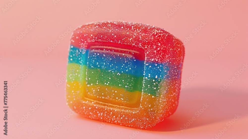 Realistic gummy candy shaped like a television, featuring three colors ...