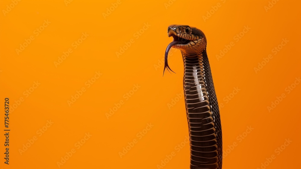 front view of a hissing cobra with its mouth open and tongue hanging ...