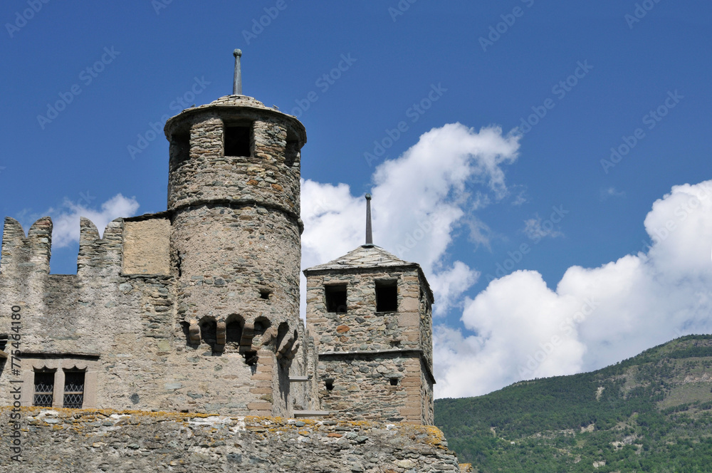 Detail view of the watchtower of the Fenis Castle located in the Aosta ...